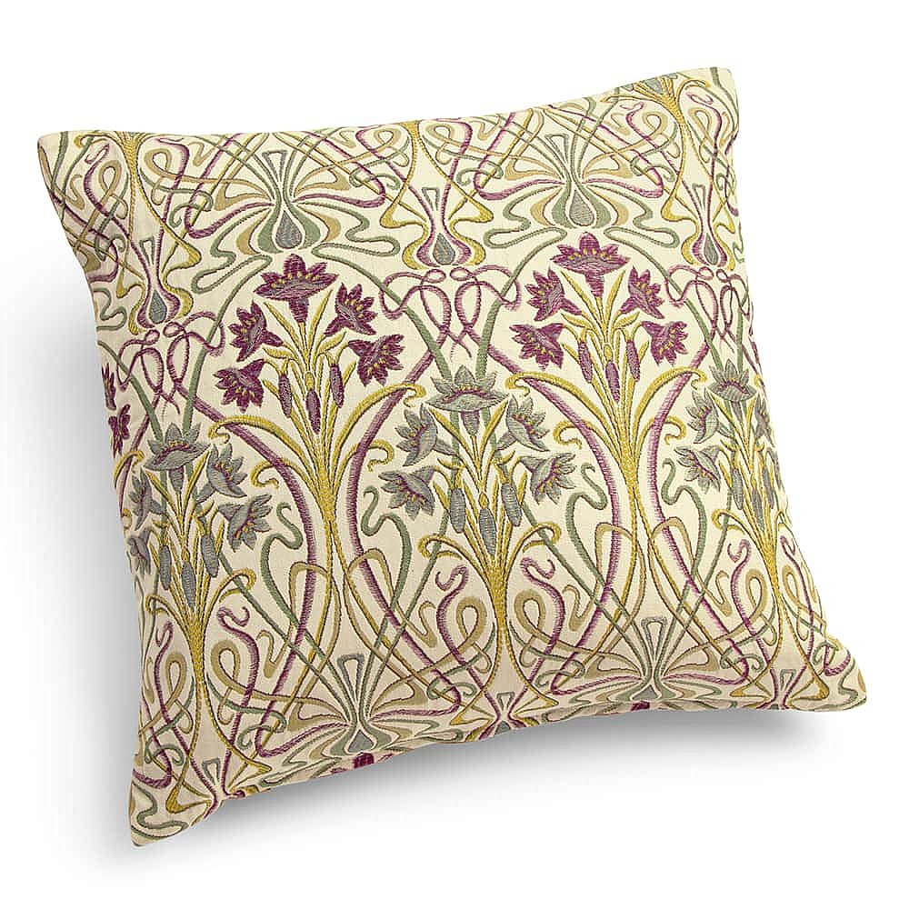 Coussin Art nouveau en tapisserie florale marron, crème et violet ...